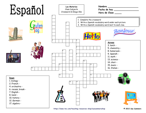 Spanish Class Subjects Crossword Puzzle and Image IDs Worksheet ...