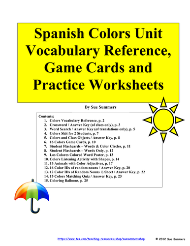 Spanish Colors Unit - Vocabulary, Game, Skit, Flashcards, Worksheets ...