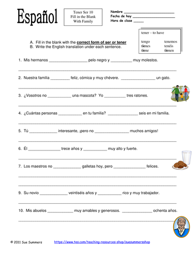 Spanish Family Quiz 15 Matching with Tener, Ser, and Hay | Teaching ...