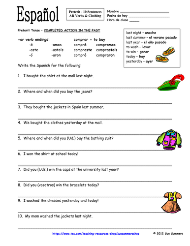 Spanish Preterit -AR Verbs and Clothing Sentences Worksheet - La Ropa ...