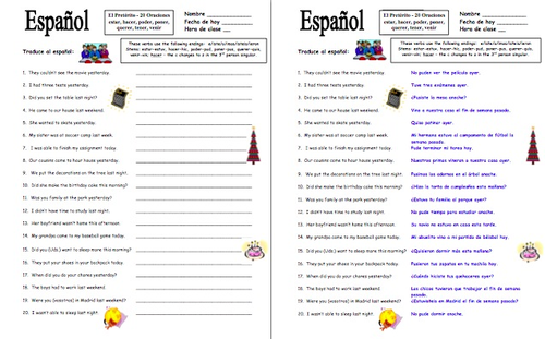 Spanish Preterit Irregulars with Adverbs of Time 20 Sentence ...