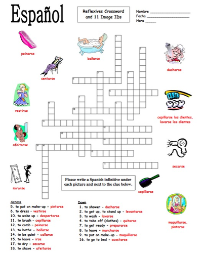 Spanish Reflexive Verbs Crossword 18 Words and 11 Image IDs | Teaching ...