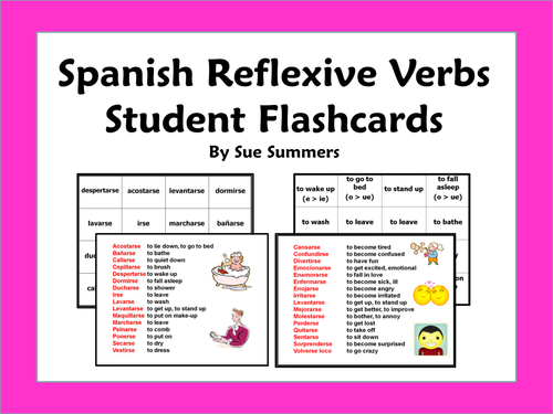 Spanish Reflexives Verbs Student Flash Cards / Memory Cards Set of 32 ...