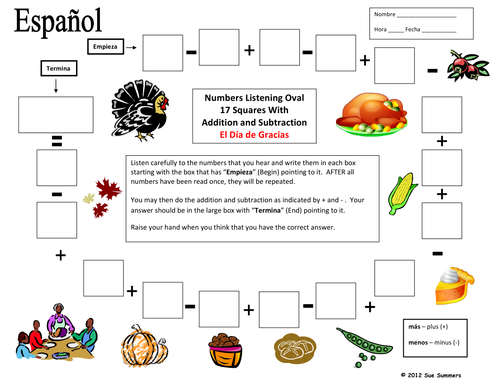 Spanish Thanksgiving Theme Numbers & Math Listening Activity | Teaching ...