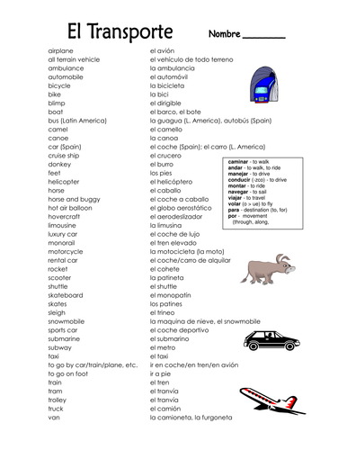 Spanish Transportation / Transporte Vocabulary Reference | Teaching ...