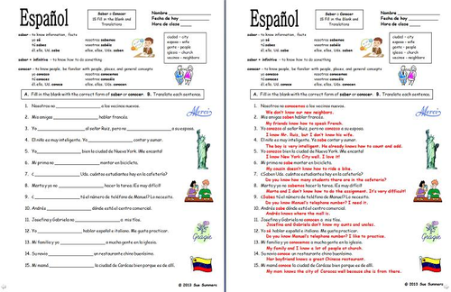 Spanish Verbs Saber and Conocer 15 Fill in the Blank and Translations ...