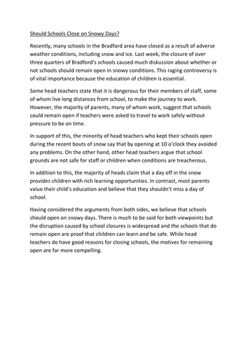 Should Schools Close on Snowy Days? Discussion Text Example | Teaching ...