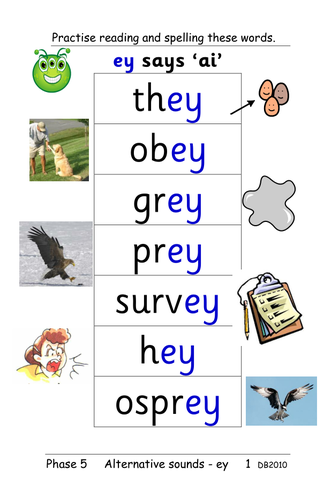 Phase 5: alternative pronunciation of 'ey' [ai - as in gray], - table cards, revision chart and ...