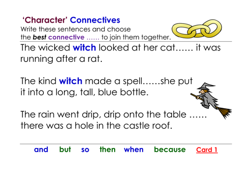 KS1 Connectives for writing [Ros Wilson]: table cards, table prompts ...