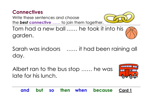 KS1 Connectives for writing [Ros Wilson]: table cards, table prompts ...