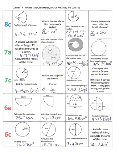 Connect 4 activity. Circles - area, perimeter, sector area and arc ...