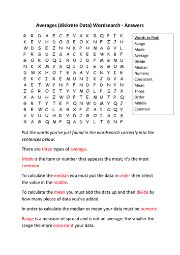 Averages (Discrete Data) Wordsearch | Teaching Resources