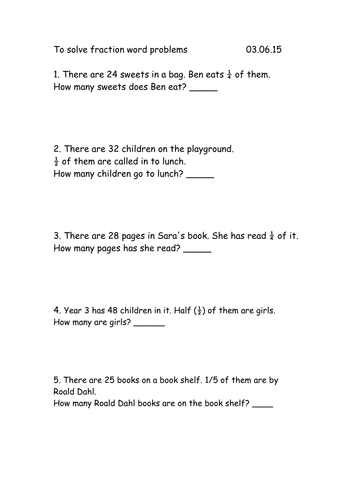 Year 3 Fraction Word Problems | Teaching Resources