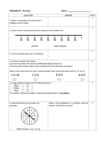 Year 8 Probability Paper | Teaching Resources