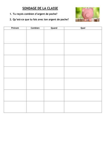 Sondage et Traduction: Mon argent de poche | Teaching Resources