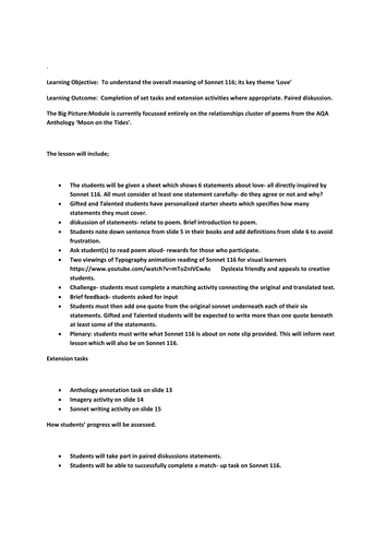 Sonnet 116 by William Shakespeare complete Ofsted lesson with plan ...