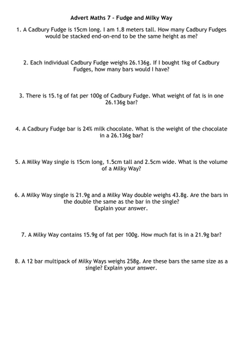 Advert Math 7 - Fudge and Milky Way | Teaching Resources
