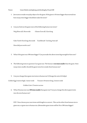 Giant Math multiplying and dividing by 10 and 100 with worksheets, plan ...