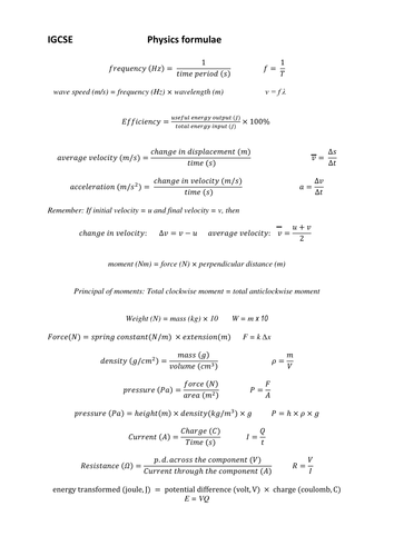 PHYSICS Edexcel IGCSE Student Notes and Formulae | Teaching Resources