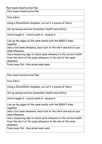 Plain Seam Construction Plan - Differentiated Sheets | Teaching Resources