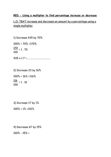Percentage increase / decrease using a single multiplier | Teaching ...