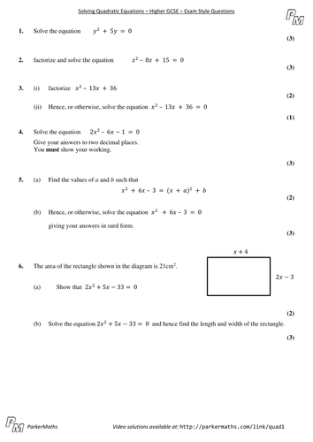 Solving Quadratic Equations Higher Gcse Exam Style Questions