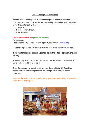Differentiated worksheets- using dashes and hyphens. Aztec theme ...