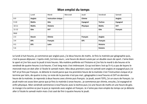 Mon emploi du temps | Teaching Resources