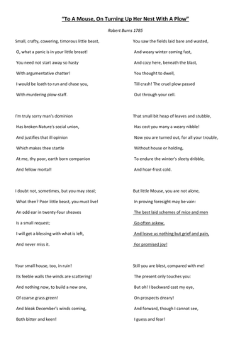 Of Mice and Men - To a Mouse (R. Burns) | Teaching Resources