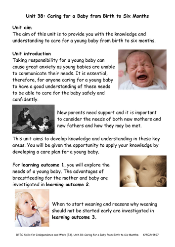 BTEC (E3) Unit 38: Caring for a baby from birth to six months ...