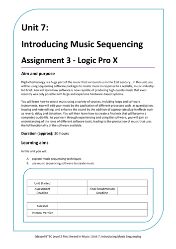 BTEC Music (New 2013 Spec) Unit 7 Assign Brief | Teaching Resources