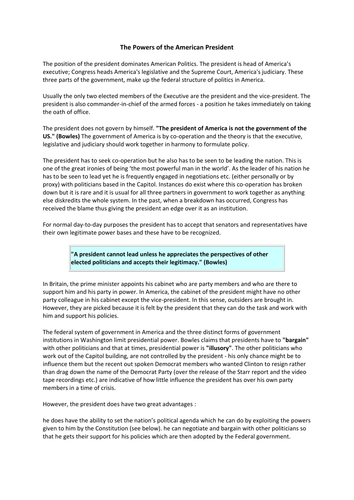 Role and Powers of the US President | Teaching Resources