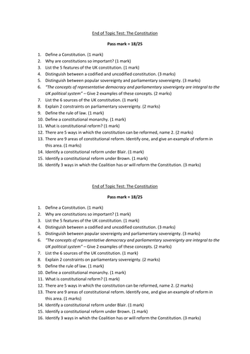 Constitution Unit - Fact Test | Teaching Resources