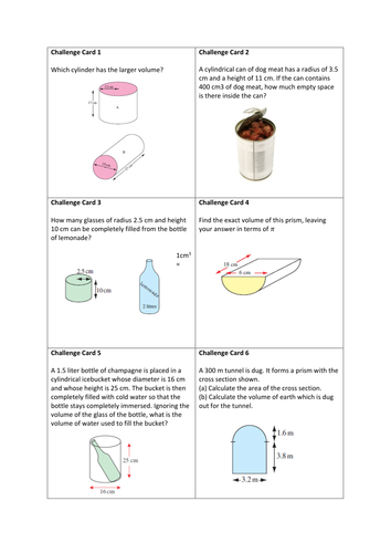 Cylinder Volume Challenge Cards | Teaching Resources