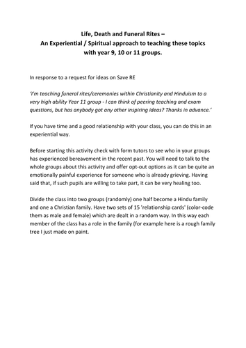 Life, Death + Funeral Rites experiential/spiritual | Teaching Resources