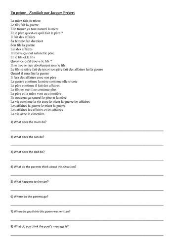 Jacques Prévert poem - Familiale | Teaching Resources