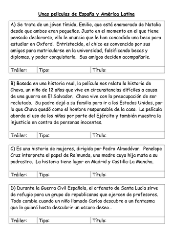 Spanish film trailer activity | Teaching Resources