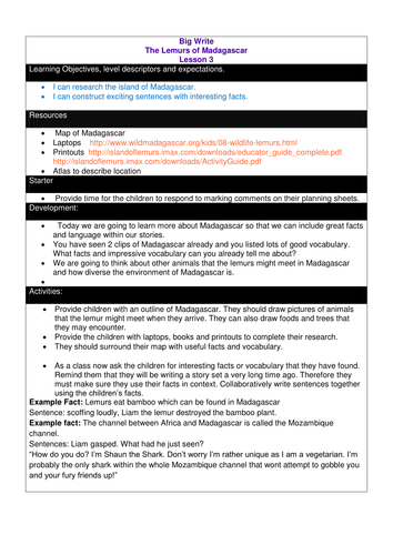 Lemurs Of Madagascar Big Write English sequence | Teaching Resources