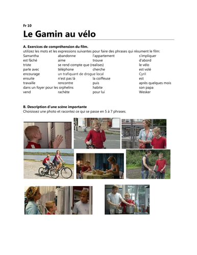 Gamin au vélo Exercices pour le film | Teaching Resources