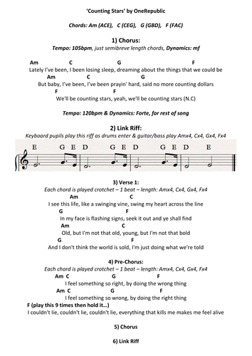 'Counting Stars' by OneRepublic Sheet Music | Teaching Resources
