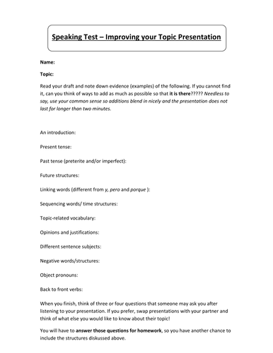 (I)GCSE Speaking Test - Improve your Presentation | Teaching Resources