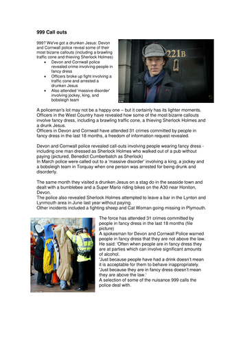 Reading comprehension Police 999 Calls(funny) | Teaching Resources