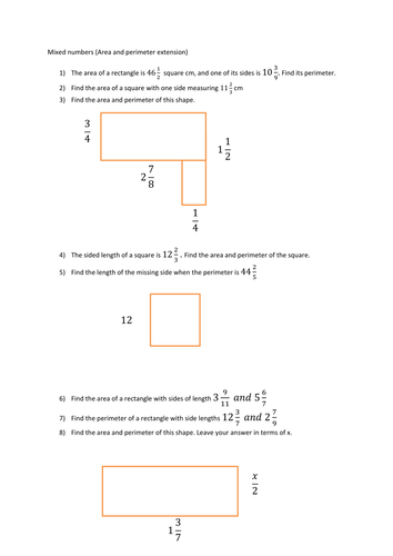 Mixed numbers area and perimeter extension | Teaching Resources