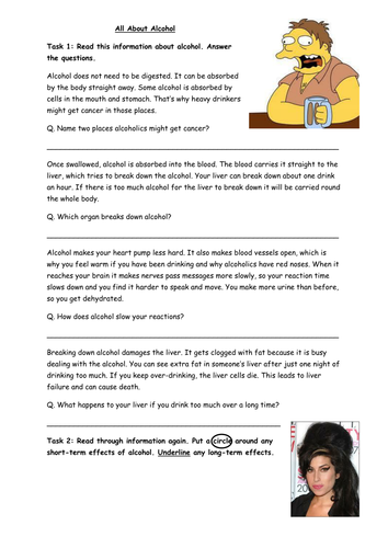 Effects of alcohol - worksheet | Teaching Resources