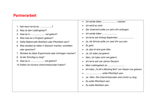 PARTNERARBEIT der Unterricht und der Schultag | Teaching Resources