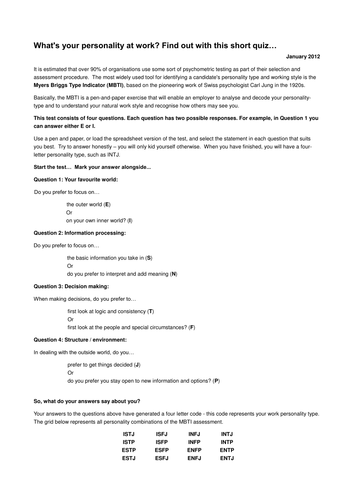 Myers Briggs Type Indicator (MBTI) - Survey | Teaching Resources