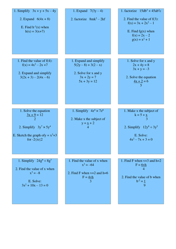 IGCSE Algebra Review Game - Core | Teaching Resources