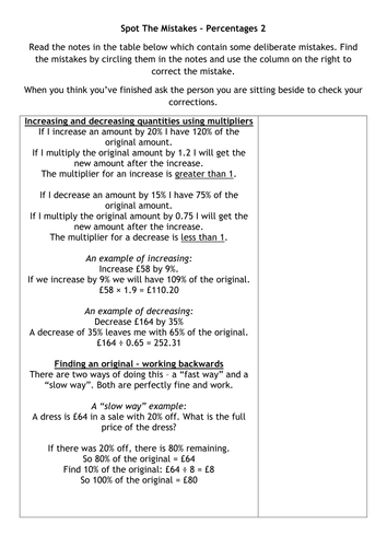 Spot The Mistakes - Percentages | Teaching Resources