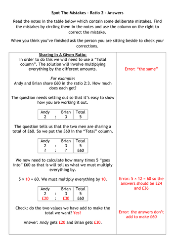Spot The Mistakes - Ratio | Teaching Resources