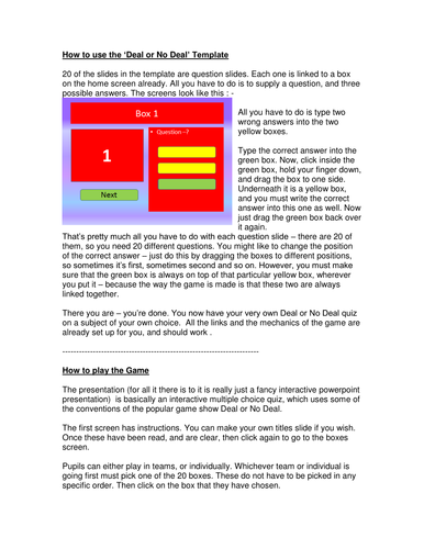 Deal Or No Deal Quiz Template | Teaching Resources